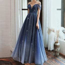 Blue Cold Shoulder Floor Length Evening Dress