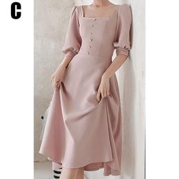 Light Pink Puffed Sleeves Midi Dress (Simple)