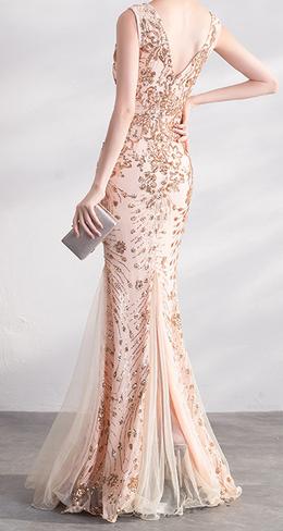 Gold Floral Formal Classy Long Evening Dress (Stunning)