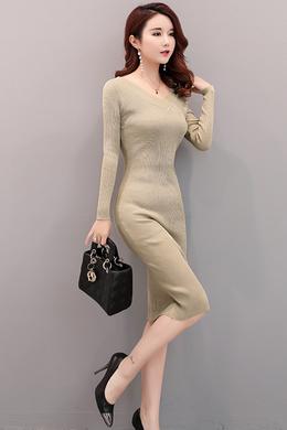 Classy Beige Midi Dress With Sleeves (For Elegant Women)