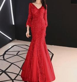 Red Fishtail Dress With Sleeves (Stunning)