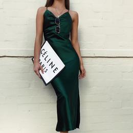 Dark Green Spaghetti Strap Midi Dress (Elegant)