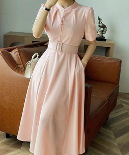Pink Vintage Belted Formal Midi Dress (Formal)