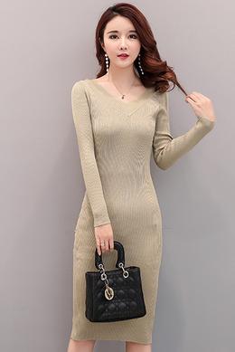 Classy Beige Midi Dress With Sleeves (For Elegant Women)