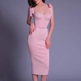 Pink Lace Strap Corset Midi Bodycon Dress