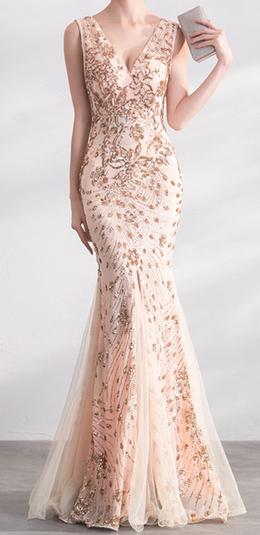 Gold Floral Formal Classy Long Evening Dress (Stunning)