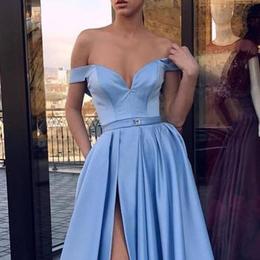 Blue Off Shoulder Evening Long Gown With Side Slit (Elegant)