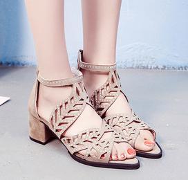 Beige Floral Small Square Heels Sandals