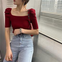 Red Puff Sleeve French Square Neck Top