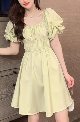 Green Ruched Summer Short Dress With Puff Sleeve (Cute & Sexy)