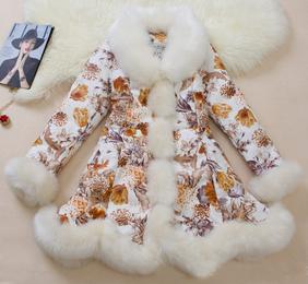 Long Yellow Floral Winter Jacket With White Fur