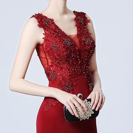 Dark Red Floral Lace Long Evening Tight Dress (Stunning)