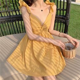 Yellow Ruffled Backless Tie Front Beach Mini Dress