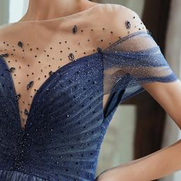 Blue Cold Shoulder Floor Length Evening Dress