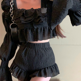 Black Stretchable Puff Sleeve Ruffle Two Piece Short Set
