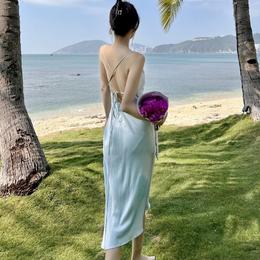 Ice Blue Satin Strapless Backless Sling Midi Dress