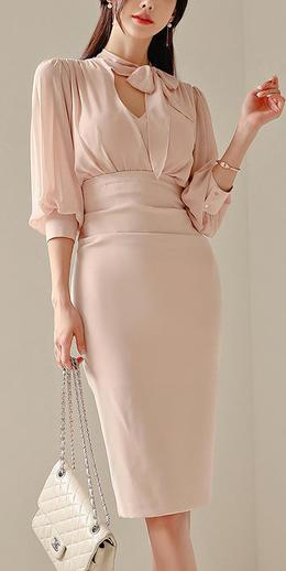 Pink Work Office Fitted Midi Dress (Elegant)