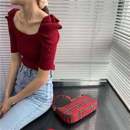 Red Puff Sleeve French Square Neck Top