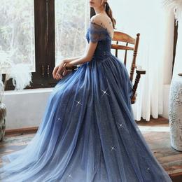 Blue Cold Shoulder Floor Length Evening Dress